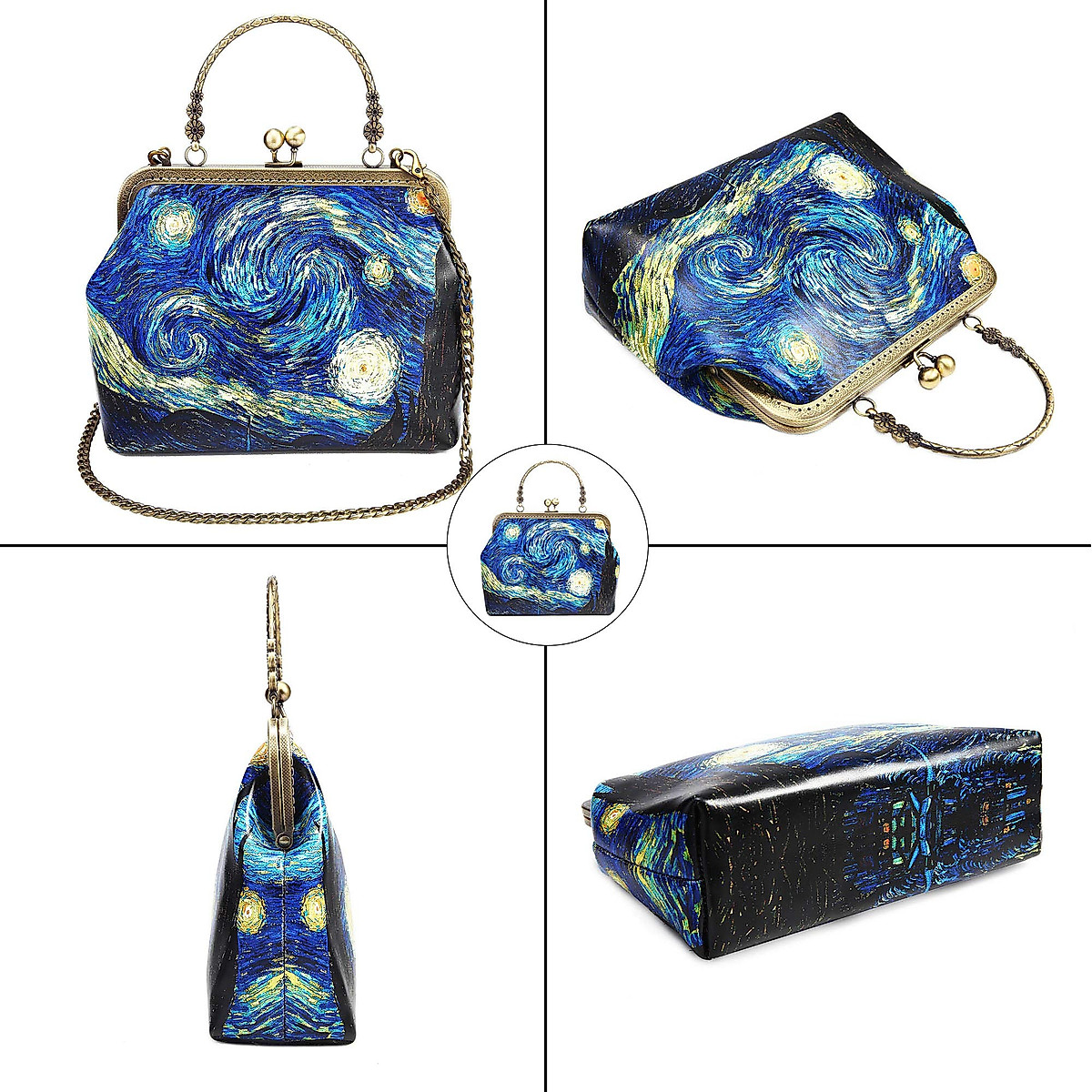 Rejolly Women Leather Vintage Handbag Kiss Lock Top Handle Evening Clutch Purse Shoulder Bag Van Gogh The Starry Night