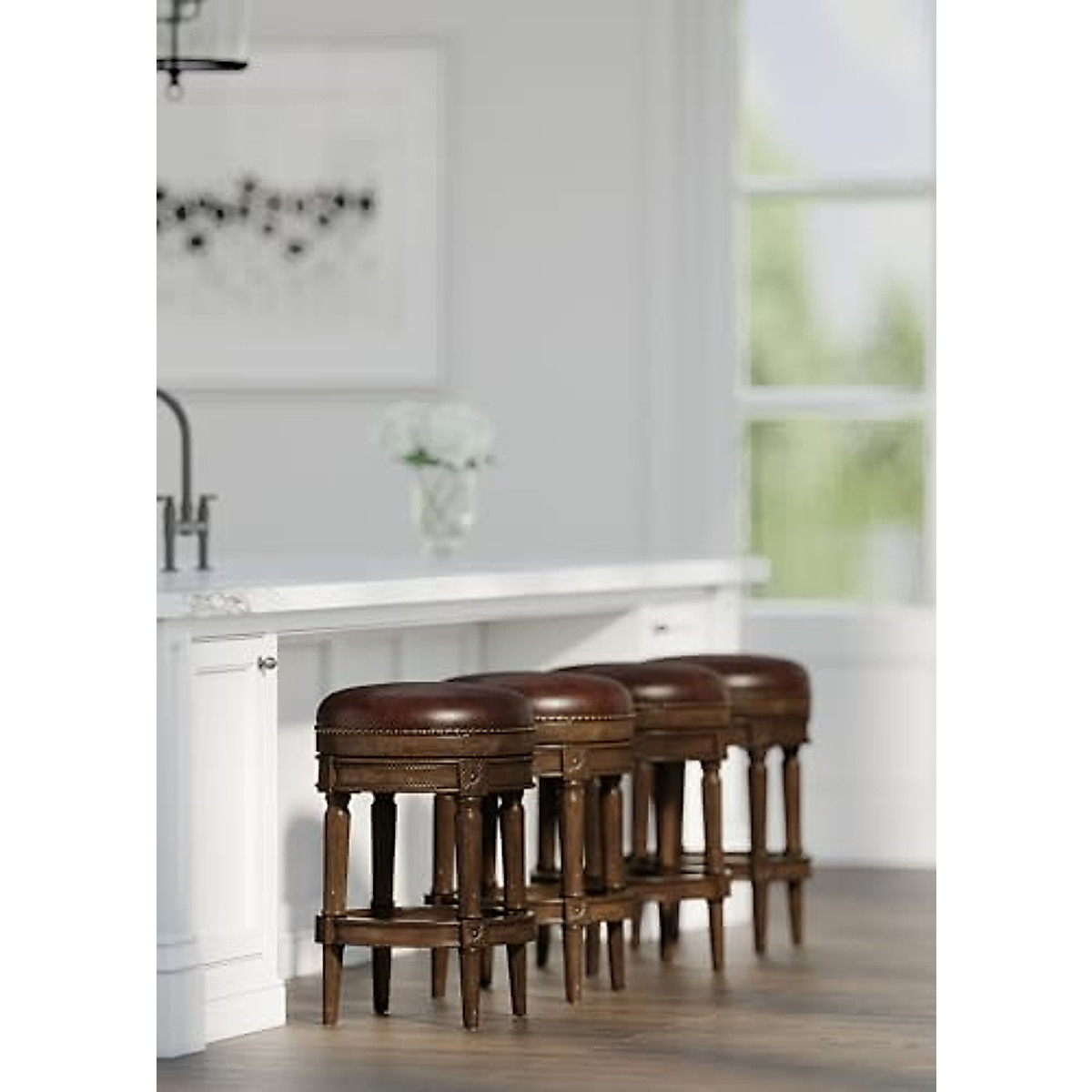 Maven Lane Pullman 26 Inch Tall Counter Height Upholstered Backless Barstool in Dark Walnut Finish with Vintage Brown Vegan Leather Cushion Seat