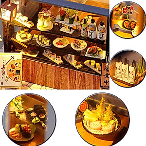 XLZSP DIY LED Lights Miniature Dollhouse Kit Street Shop Doll House Model Wooden Furniture for Valentine's Day Creative Gifts (Sushi)