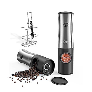 Sangcon Electric Salt and Pepper Grinder Set, Automatic Pepper Mills with LED Light, Battery Powered Salt and Pepper Shakers with Stand, Adjustable Coarseness, One-Handed Operation, Stainless Steel