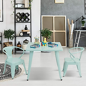 Costzon Kids Table and 2 Chair Set for Indoor/Outdoor Use, Steel Table and Stackable Chairs, Preschool, Bedroom, Playroom, Home, Furniture for Toddlers Boys & Girls(Mint Green, Table & Chairs)