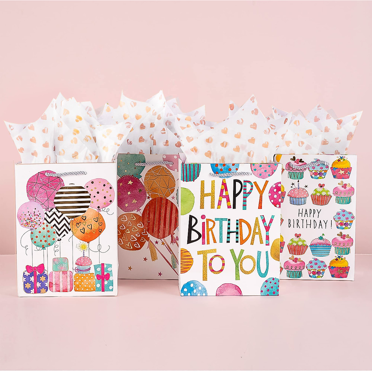 OfficeCastle Small Birthday Gift Bags with Colorful Tissue Paper (Gold Hearts) | 7x4x9 Inch, 4 Pack Birthday Bags for Newborns/Kids/Men/Women