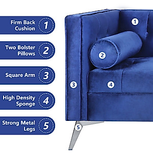wirrytor Mid-Century Velvet Chesterfield Sofa Couch, Modern LoveSeats Sofa Furniture, Upholstered Button Tufted Couch with 2 Bolster Pillows for Living Room Apartment (Blue)
