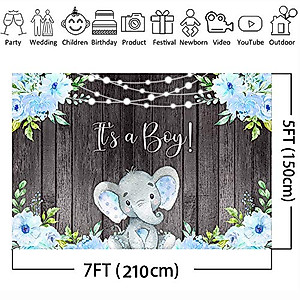 Avezano Boy Elephant Baby Shower Backdrop Blue Floral Elephant It's a Boy Background Decorations Rustic Wood Elephant Theme Baby Shower Party Banner Supplies(7x5ft)