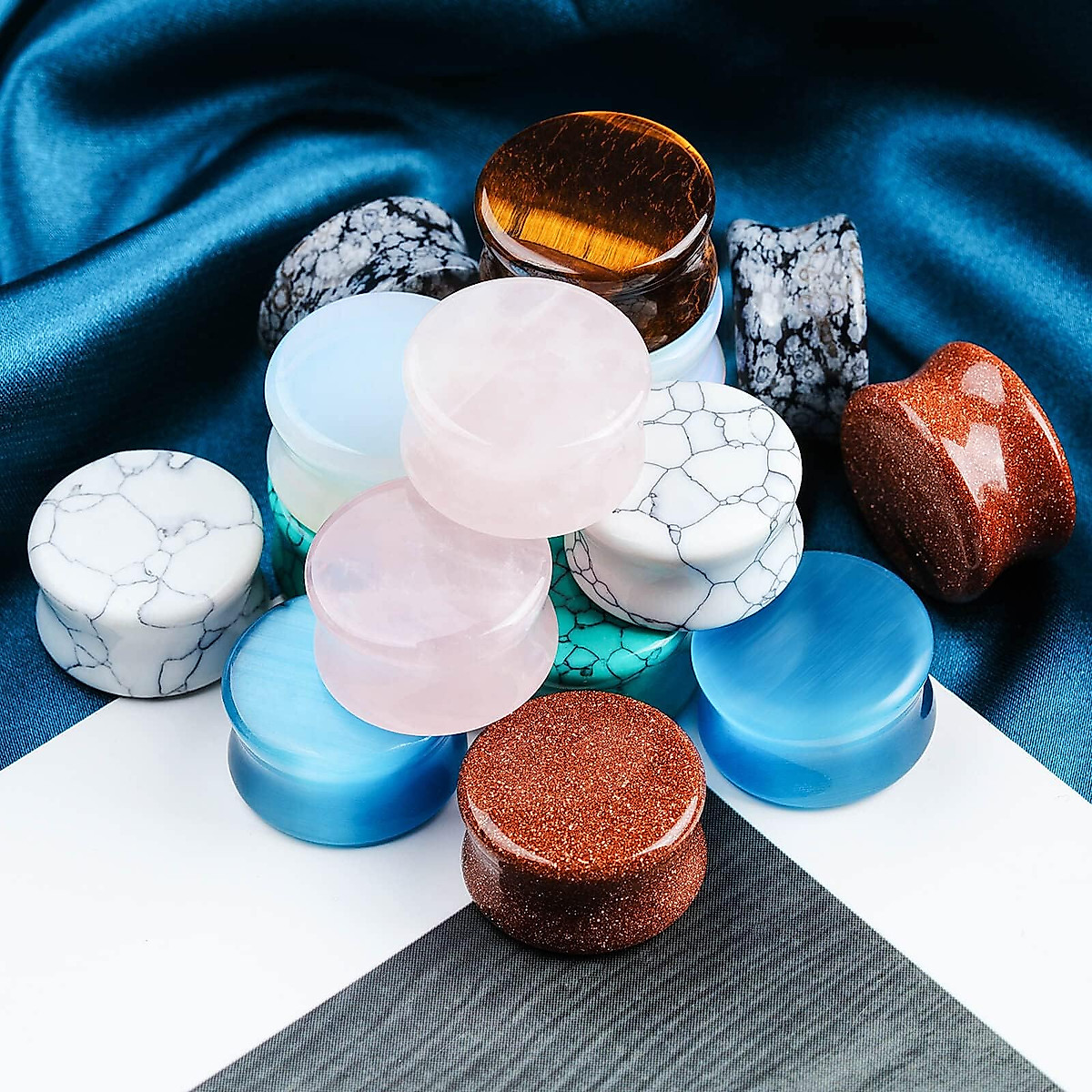 CABBE KALLO Natural Stone Ear Plugs Stretching Gauges Kit,16Pcs Mixed 6MM-20MM Saddle Double Flare Tunnel Unisex Earrings Ear Gauges, Tunnel Plug, Gauges for Women Stone Ear Tunnels & Saddle Plugs Set Ear Gauge Stretching Kit(1/2" (12mm))