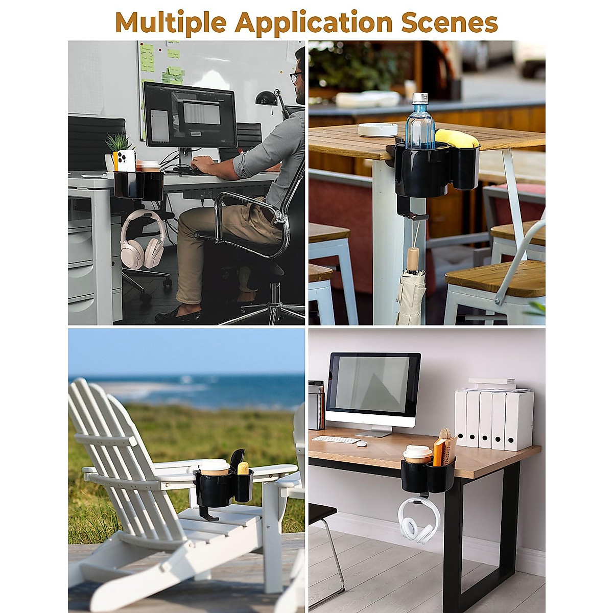 yamagahome Desk Cup Holder, 2 in 1 Large Table Cup Holder with Headphone Hanger, Anti-Spill Cup Holder for Water Bottles 18-40 oz, for Wheelchairs, Workstations, Gaming Desk Accessories black