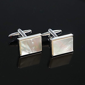 MENDEPOT Mother Of Pearl Cufflinks With Box Men Classic White Stone Cuff Links Wedding Groom Gift (Rectangle)