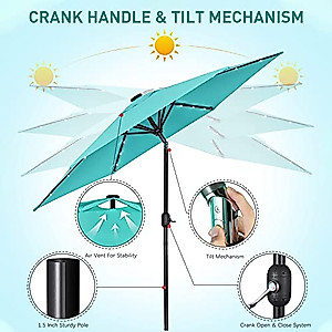 FEFLO Pool Table Solar Patio Umbrella: 9 ft Tilting Outdoor LED Lighted Sun Shade With 6 Ribs and Crank Handle - Parasol Compact for Pool, Deck, Garden, Backyard