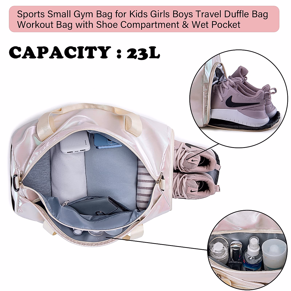 Gym Bag Sports Duffle Bag with Wet Pocket Weekender Overnight Bag with Waterproof Shoe Pouch and Air Hole for Women Girls Travel Foldable Bag (Metallic Beige)