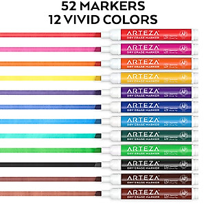 ARTEZA Dry Erase Markers, Bulk Pack of 52, Chisel Tip, 12 Assorted Colors with Low-Odor Ink, Whiteboard Pens, Office Supplies for Back to School, Office, Home