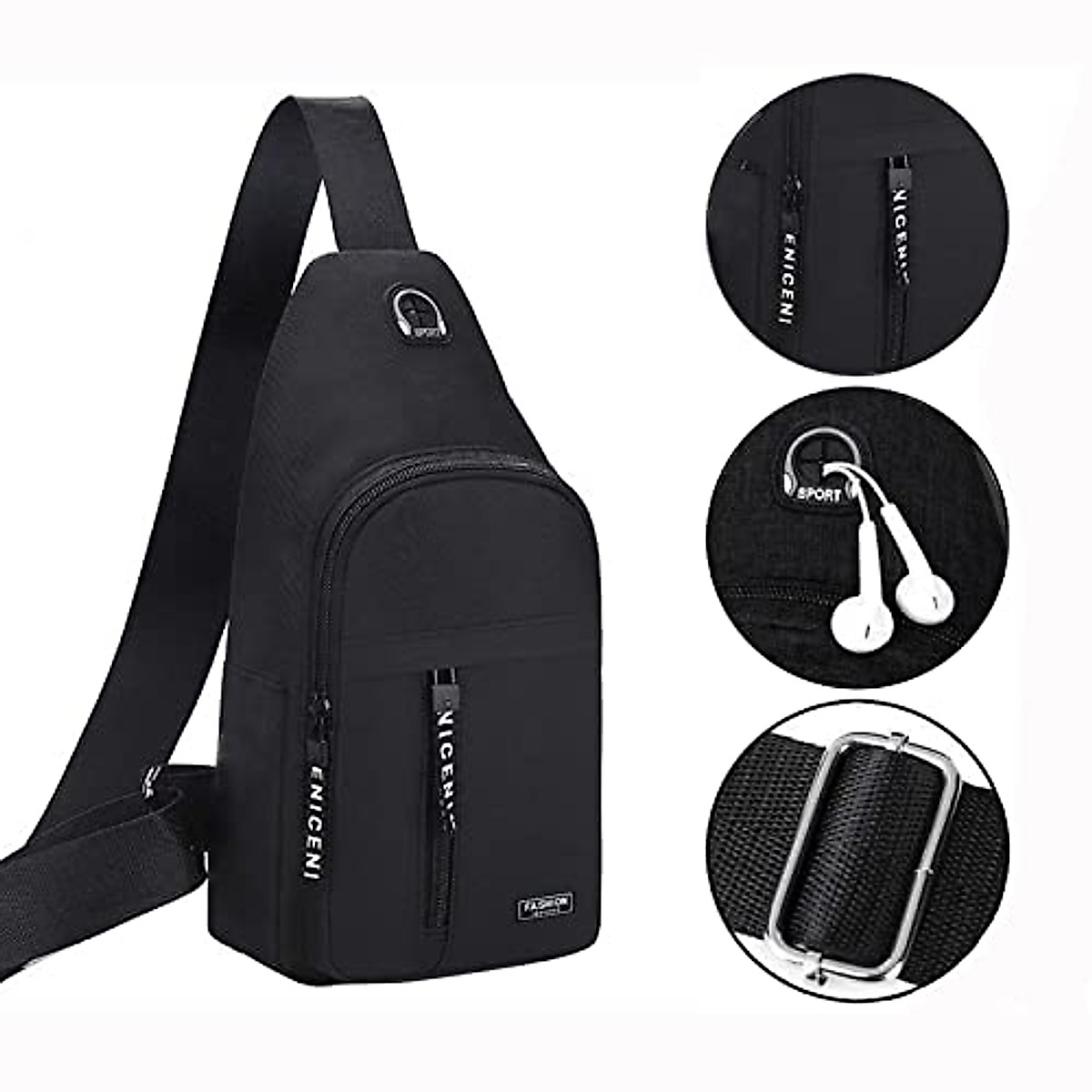 Men's Strap Bag Crossbody Backpack with Headphone Hole Waterproof Chest Bag Hiking Backpack