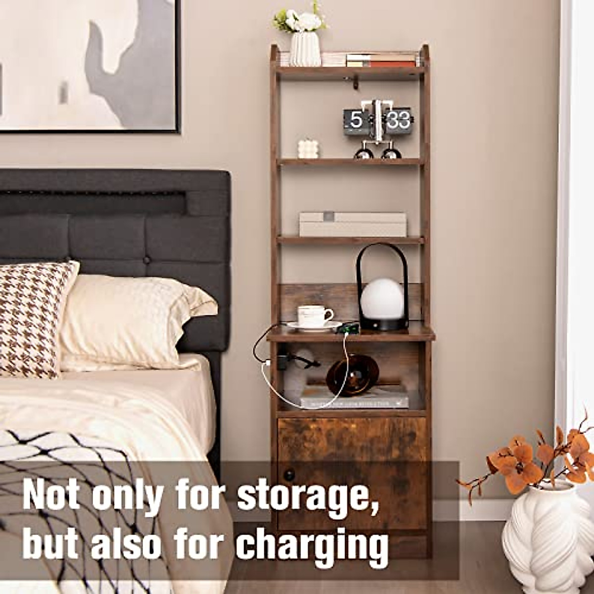 LOKO Nightstand with Charging Station, 55" Tall Bedside Table with Adjustable Shelves, Multifunctional End Table Bookcase with Open Storage Shelves, Modern Night Stand with Charger (Rustic Brown)