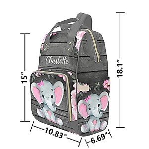 Liveweike Pink Woodland Elephant Personalized Diaper Bag Backpack Custom Name Daypack Large Mommy Bag for Teen Girl Boy Student