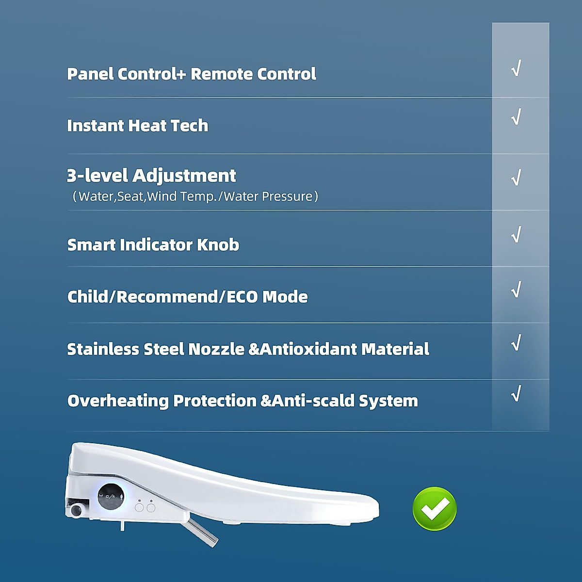 Bidet Toilet Seat, Elongated Heated Toilet Seat with Instant Warm Water & Dryer, Smart Bidet Warmer, Feminine & Front Rear Wash, Remote, Self-Clean Nozzle, Slow Close Lid, Prompt Sound Version