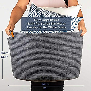 DENJA & CO Extra Large Blanket Basket for Living Room - Decorative Woven Baskets for Storage | Cotton Rope Large Baskets for Blankets, Pillows, Toys, or Laundry | Charcoal Gray (21 inches x 13.8 inches)
