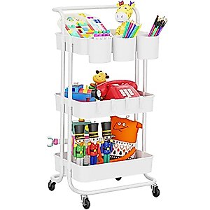 LEHOM 3-Tier Rolling Utility Cart with Hanging Cups & Hooks & Handle, Plastic Art Cart Organizer Storage with Wheels, Easy Assembly for Office, Bedroom, Kitchen, Bathroom, Laundry (White)