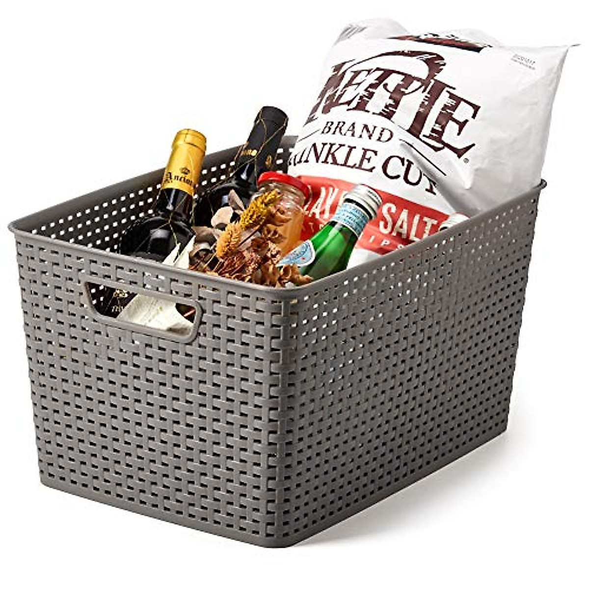 EZOWare 3 Pack X-Large Gray Woven Plastic Storage Baskets, Organizer Knit Basket Bin Boxes with Handle - 16.5x11.4x8.7 inch