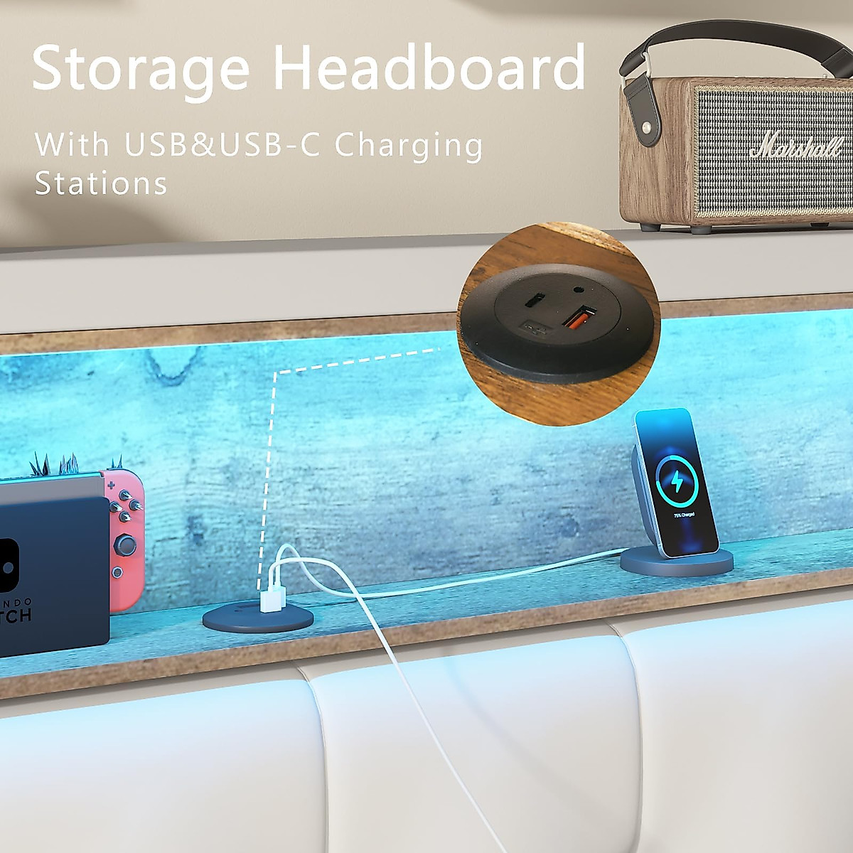 HOMBCK Queen Size Bed Frame with Led Lights, Led Bed Frame with Charging Station & Storage Shelf Headboard, White Velvet Upholstered Bed Frame with Diamond Tufted, No Box Spring Needed, Noise-Free