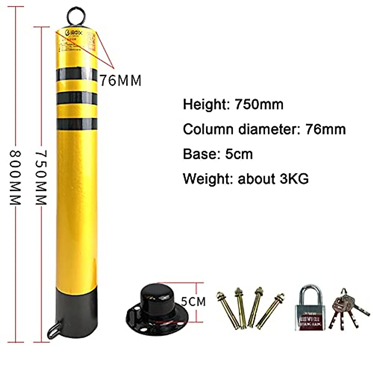 Removable Car Parking Space Lock High 750mm Parking with Padlock & Screw Parking Barrier Post Easy Installation(750x76mm|Black)