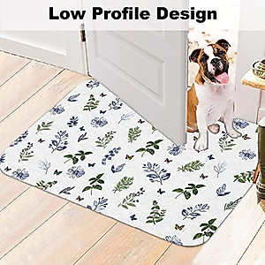 Welcome Doormat Green Leaf Flowers Butterfly White,Rubber Backing Kitchen Carpet Pastoral Botanical,Durable Washable Entry Rugs for Bedroom Dining Room Front Door Decor 16x24In