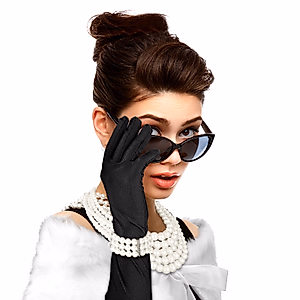 Hoosige 7 Pcs 1920s Flapper Costume Accessory for Women Vintage 1950s Accessory Faux Fur Shawl with Sunglasses Pearl Strand Necklace Tiara Long Black Gloves for Halloween Cosplay Costume