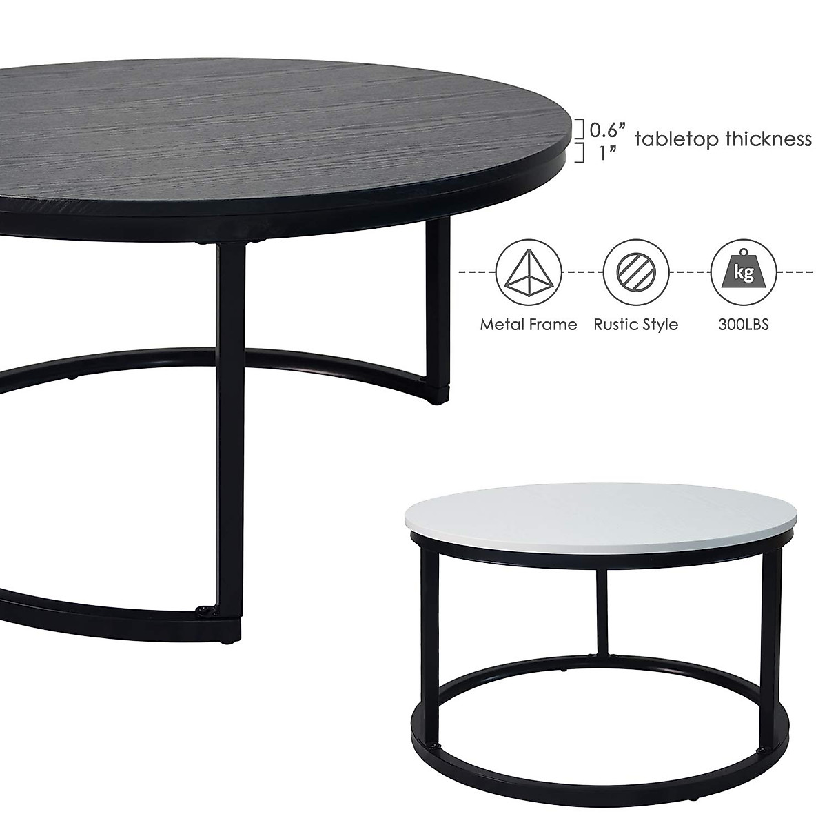 Usinso Round Coffee Tables,2 Round Nesting Table Set Circle Coffee Table with Storage Open Shelf for Living Room Modern Minimalist Style Furniture Side End Table of Stable(Black & White)