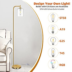 Industrial Floor Lamp with Hanging Glass Shade Brass Gold Farmhouse Indoor Pole Light with Edison E26 Base Vintage Rustic Standing Tall Lighting for Living Room Bedroom Office( ST64 Bulb Included)
