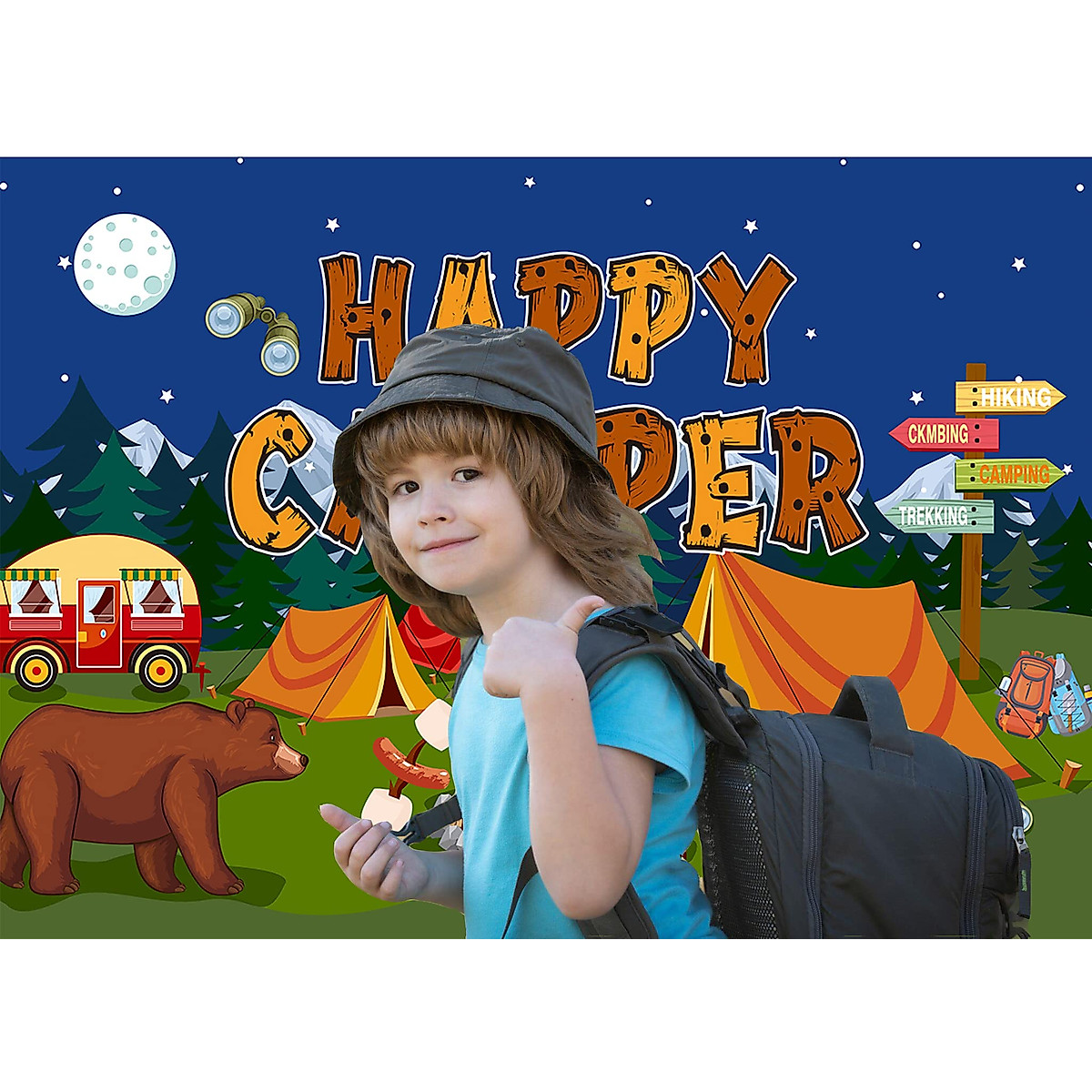 Camping Backdrop Forest Camping Adventure Happy Camper Photography Backdrops for Camping Birthday Party Decoration Camping Theme Photo Background (6x4ft(70x40inch))