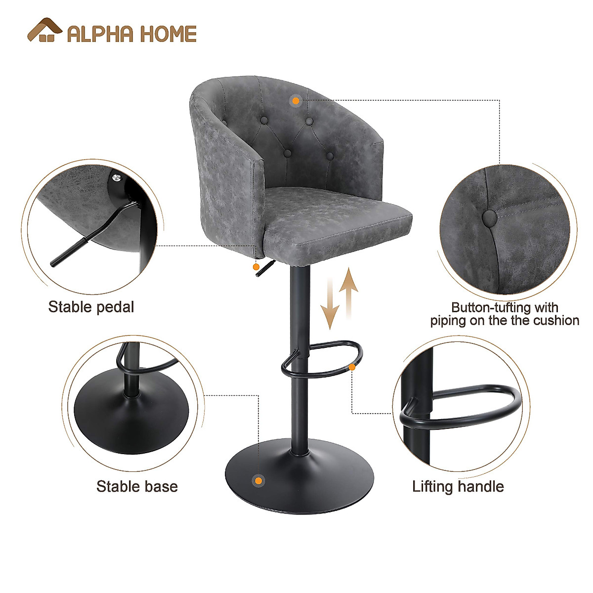ALPHA HOME Swivel Bar Stool Adjustable Airlift Counter Height Bar Stool Kitchen Dining Cafe Hydraulic PU Leather Bar Chair with Padded Back and Chromed Metal Base, Grey.1PC