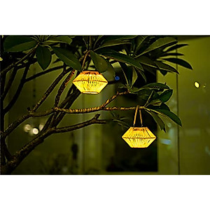 Outdoor Hanging Solar Lantern , 2 Pack Handmade Woven Lamp with Rope Handle Waterproof Table Light Home Decor for Backyard Balcony Patio Garden, Natural