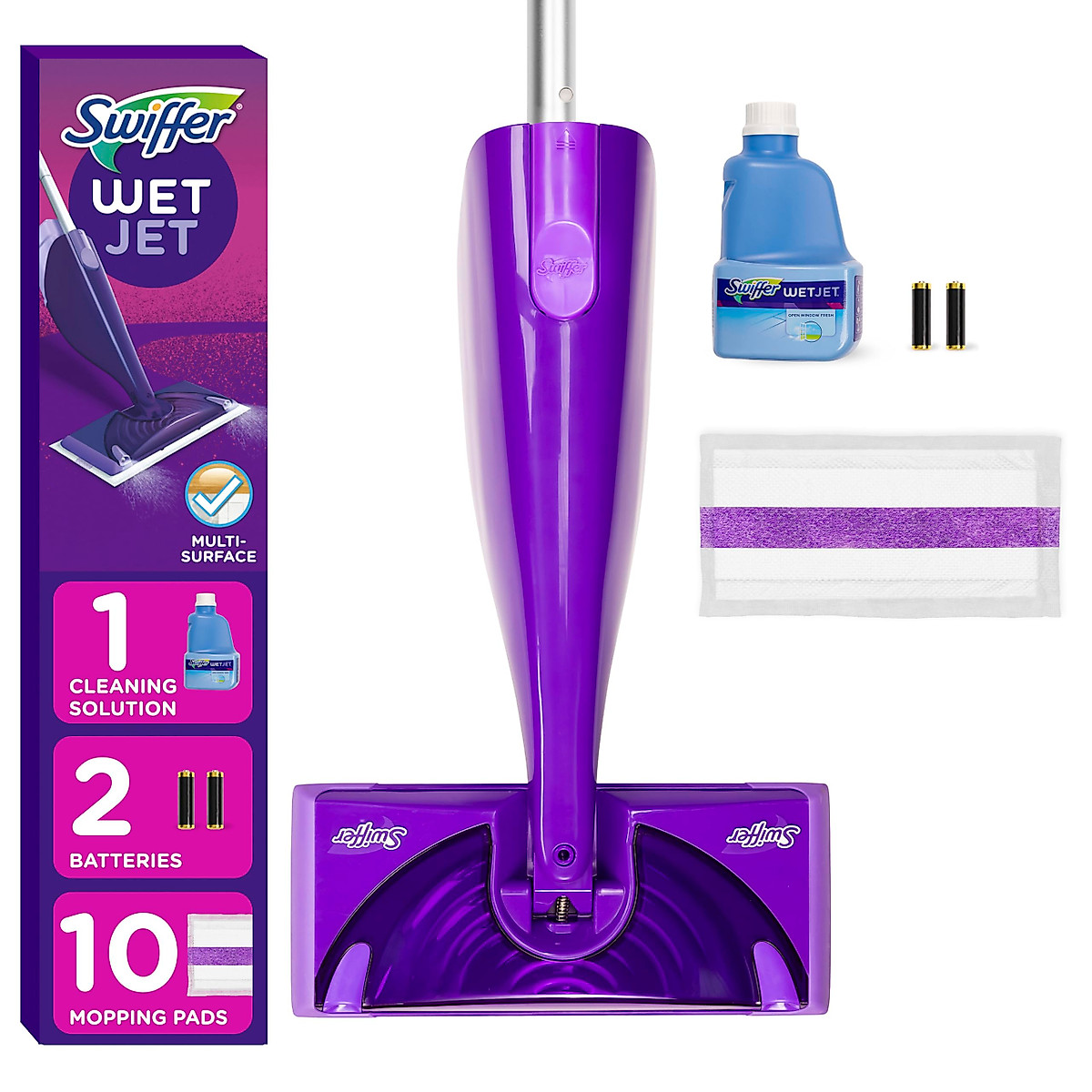 Swiffer WetJet Hardwood and Floor Spray Mop Cleaner Starter Kit, Includes: 1 Power Mop, 10 Pads, Cleaning Solution, Batteries