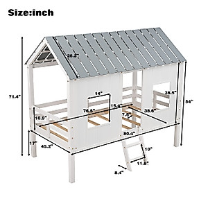 SOFTSEA Low House Loft Bed of Kids Bedroom, Wood Low Loft Bed with Windows and Roof, Wood Slats and No Box Spring Needed