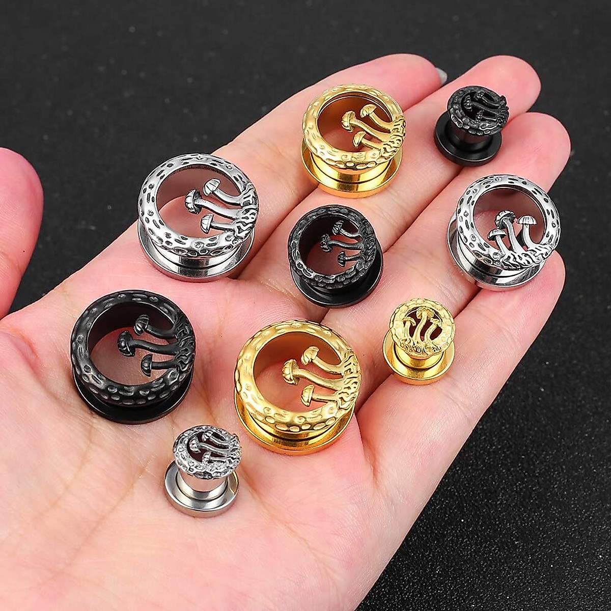 LADEMAYH 2Pcs Elegant Mushroom 5/8 Gauges for Ears, Black 16mm Gauges for Women, 5/8 Plugs for Ears, Surgical Steel 5/8 Ear Gauges Saddle Tunnels Earrings