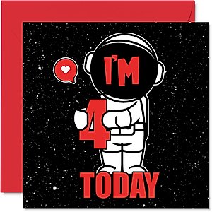 4th Birthday Card Unisex - Space Astronaut - Happy Birthday Card 4 Year Old Son Daughter Brother Sister Grandson Granddaughter Niece Nephew Cousin, 5.7 x 5.7 Inch Fourth Bday Greeting Card