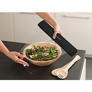 WENKO Plastic, Cling Film Holder, Refillable Aluminum Foil Wrap Dispenser with Slide Cutter for Kitchen Organization, 14.96 x 2.05 x 2.64 in, Black