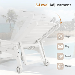 LUE BONA Outdoor Chaise Lounge Chairs Set of 2, HDPS Material, 3-Year Warranty, Patio Lounge Chair with Adjustable Backrest, Resin Pool Lounge Chairs with Wheels for Outside, Poolside, Beach, White