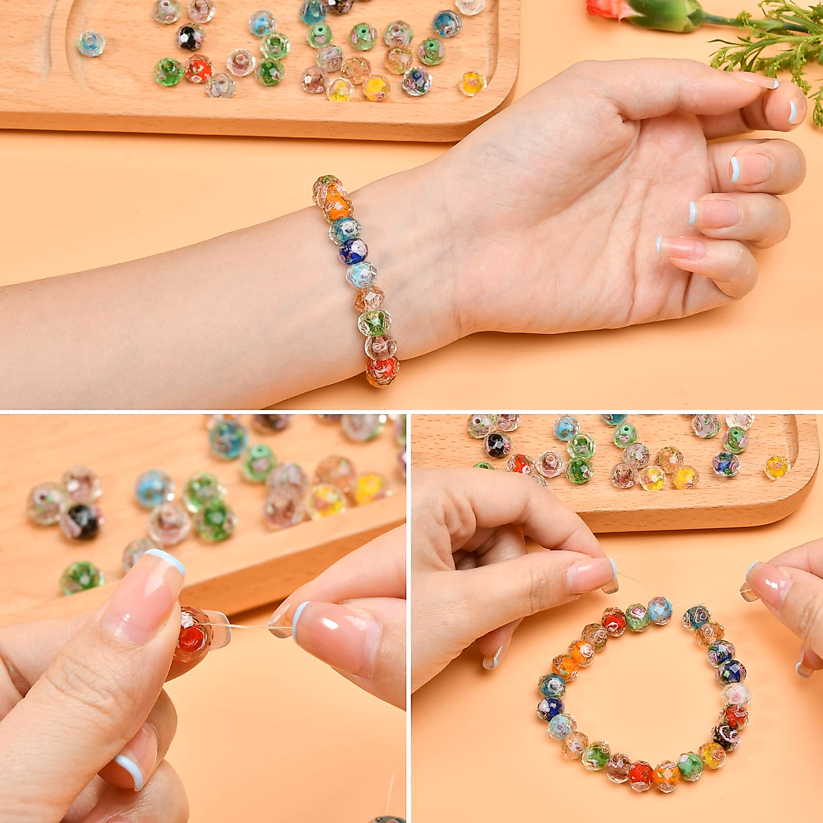 80pcs Flower Glass Bead Gold Sand Lampwork Beads Glass Handmade Round Loose with Hole 2mm Beads for Rosary Making Jewelry Craft Making (10MM)