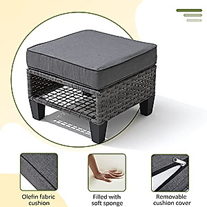 JOINHOM 2 Pieces Outdoor Patio Wicker Ottoman,Indoor Rattan Footrest Seat with Removable Comfortable Cushions, for Bedroom, Living Room,Balcony, Backyard, Garden