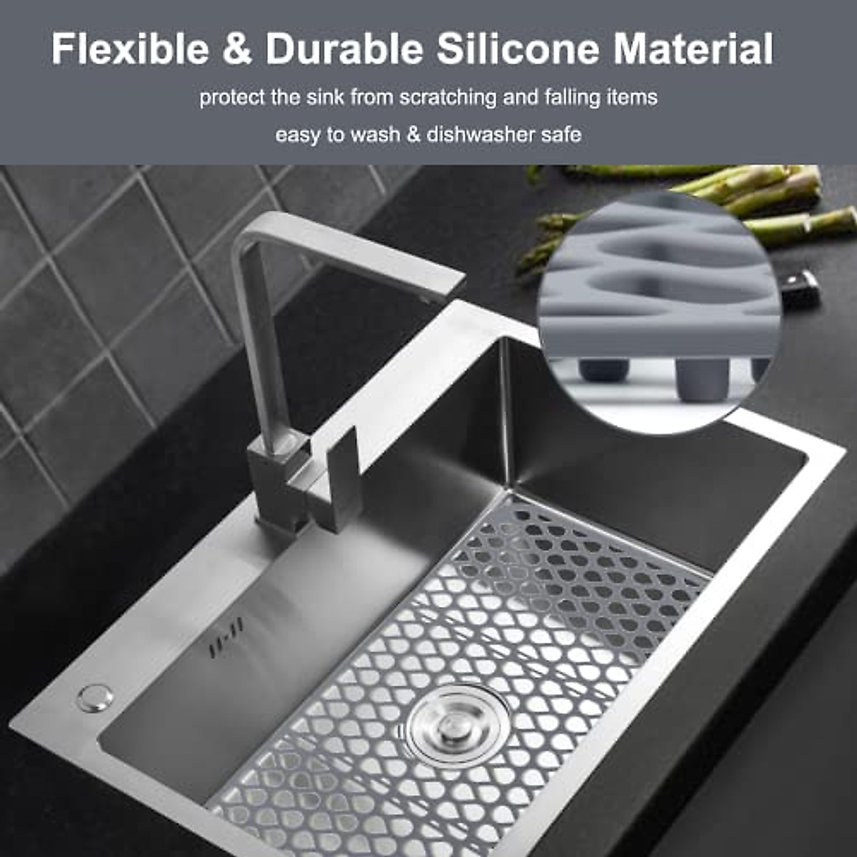 Kitchen Sink Protector, SCITURE Non-slip Sink Protector with Cuttable Center, Foldable Farmhouse Sink Protector for Stainless Steel/Ceramic Sinks, Heat Resistant Sink Mat (1 PCS, Grey, 26"x 14")