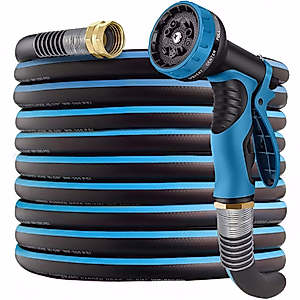 100 ft Heavy Duty Hybrid Garden Hose – Flexible & Lightweight Outdoor Water Hoses 5/8-In with 10 Pattern Spray Nozzle,Burst 600 psi, Kink-less Rubber Hose Car Washing Pipe, 3/4'' Solid Brass Fittings