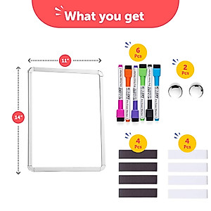 Magnetic Small White Board Dry Erase 11’’x14’’ - Mini Dry Erase Board with 6 Markers, Personal Whiteboards for Refrigerator Wall, Fridge White Boards, Handheld Whiteboard for Little Kids & Students