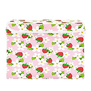 Kigai Pink Strawberry White Flower Storage Basket with Lid Collapsible Storage Bin Fabric Box Closet Organizer for Home Bedroom Office 1 Pack