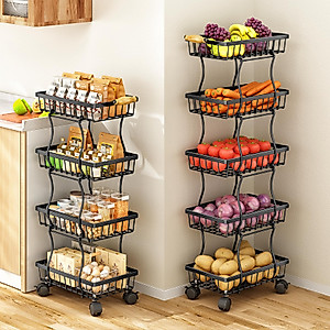 5 Tier Fruit Basket for Kitchen, Stackable Fruit and Vegetable Wire Basket with Wheels for Banana Onions and Potatoes Storage and Organization, Black