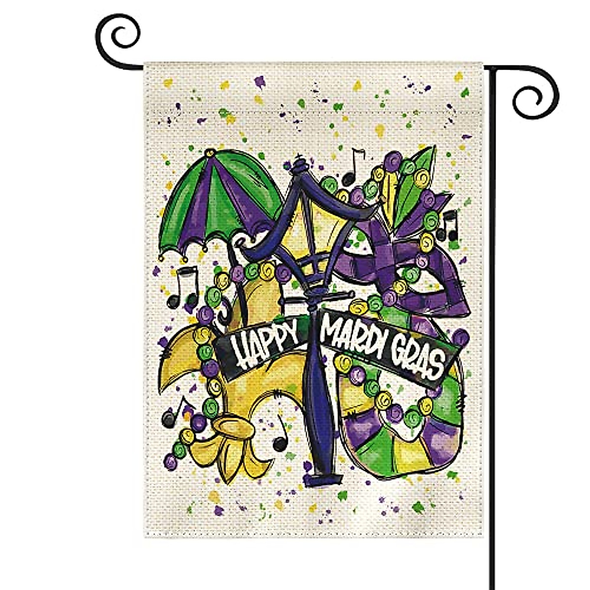 AVOIN Happy Mardi Gras Masquerade Mask Fleur de Lis Umbrella Garden Flag Vertical Double Sided, Holiday Party Mardi Gras Bead Lamp Yard Outdoor Decoration 12x18 Inch