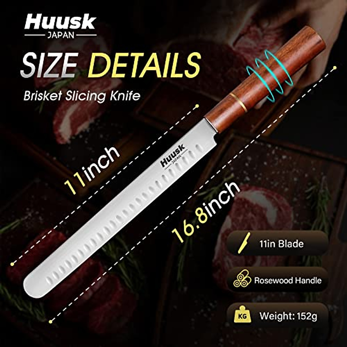 Huusk Slicing Knife 11 Inch Brisket Carving Knife for Meat, Japan Knife with Wood Handle Japanese AUS-10 Steel Super Sharp Long Knife for Meats Ribs Roasts