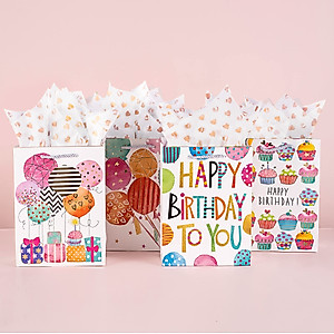 OfficeCastle Small Birthday Gift Bags with Colorful Tissue Paper (Gold Hearts) | 7x4x9 Inch, 4 Pack Birthday Bags for Newborns/Kids/Men/Women