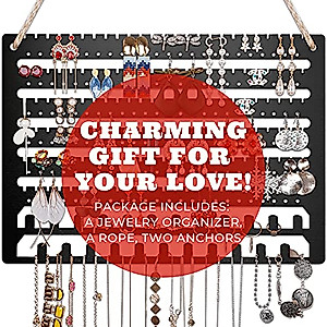 Wooden Jewelry Organizer Wall Mounted, Hanging Jewelry Organizer Earring Organizer Necklace Holder Bracelet Holder Over The Door, Jewelry Holder for Earrings, Necklaces &Rings (Black)