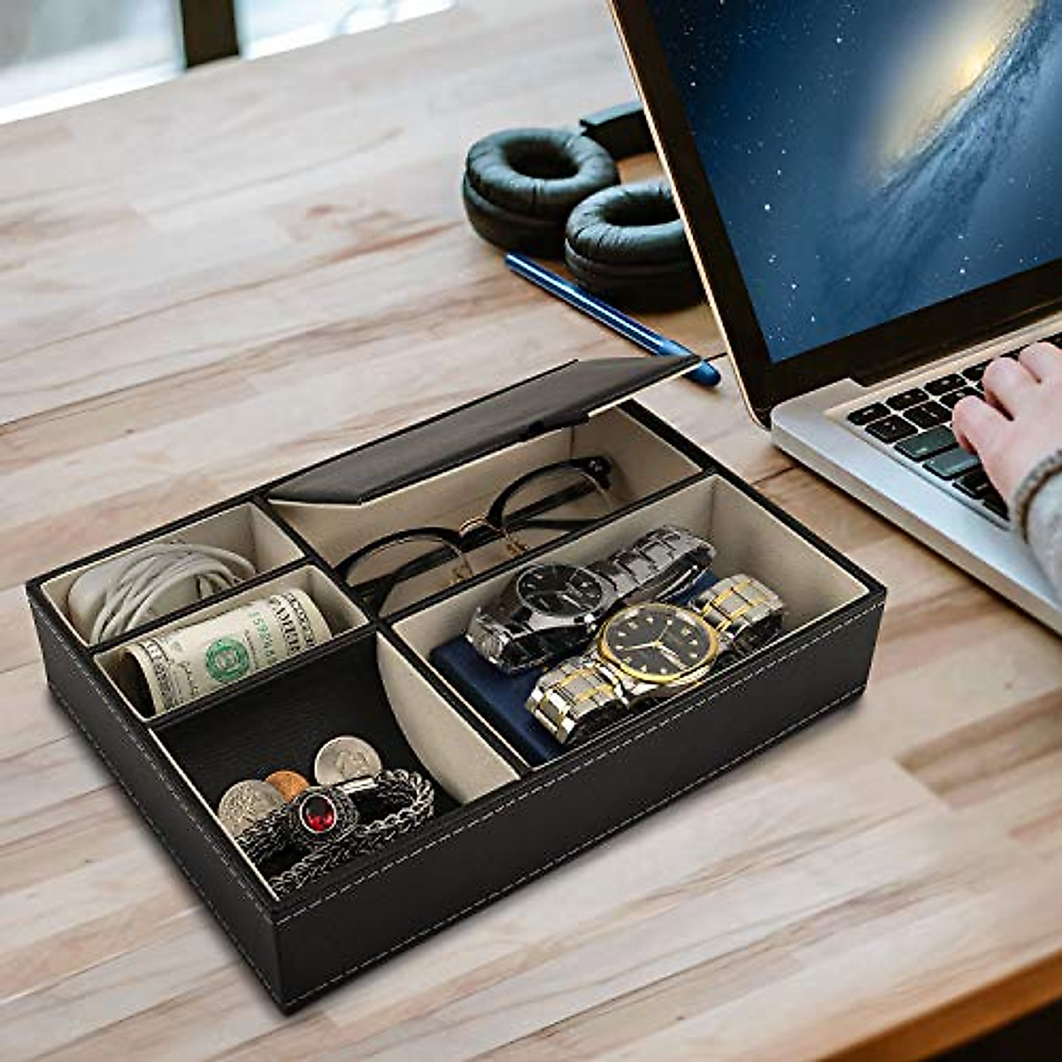 Baoyun Mens Valet Tray Organizer, Mens Jewelry Box, Nightstand Organizer with 5 Compartments, Dresser Faux Leather Storage Box for Wallet, Phone, Keys (Black)