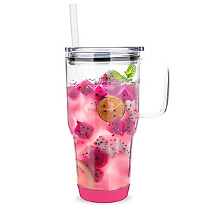 Zukro 32 oz Drinking Glass Tumbler with Handle, Iced Coffee Cup with Straw and Lid, Reusable Glass Bubble Tea Water Cup With Silicone Bumper, Fits In Cup Holder, Dishwasher Safe, BPA Free, Watermelon
