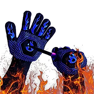 BBQ Fireproof Gloves - Grill Cut-Resistant Gloves 1472°F Extreme Heat Resistant, Silicone Non-Slip Oven Gloves for for Kitchen Garden BBQ Grilling and Outdoor Cooking Campfire